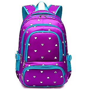 BLUEFAIRY Kids Backpack for Girls Primary Elementary School Bag Bookbag for Childs Book Bag Mochilas Escolares para Niñas de 4-6 Back to School Cute Gifts 17" Heart Print/Purple