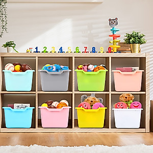 Dandat 16 Pcs Cubby Bins Plastic Books Bins Bulk Scoop Front Classroom Cubby Organization Stackable Toy Storage Tubs Containers for Classroom Office Home(11.42 x 7.87 x 5.12 Inch)