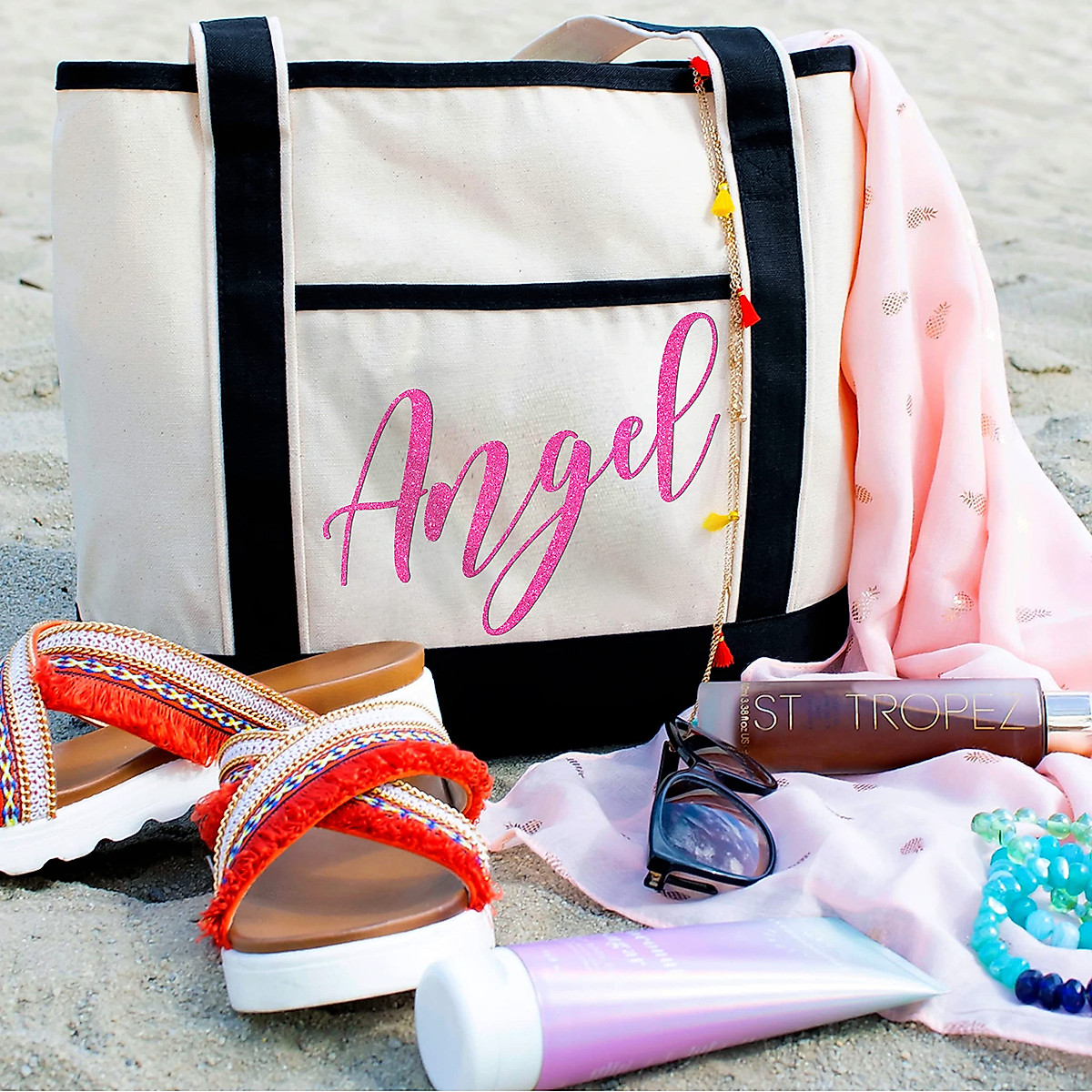 Personalized Canvas Bags w/Name 2 Bag Colors 17 Vinyl Colors Custom Shoulder Tote Bag Gifts Woman Customized Zippered Shopping Bag Girls Reusable Grocery Bags Woman Birthday Gift C1 Black and Beige