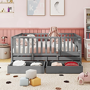 Harper & Bright Designs Kids Full Size Bed with Storage Drawers and Rails Fence, Wood Daybed Frame Montessori Bed for Girls Boys, Can Split into Independent Floor Bed & Daybed, Gray