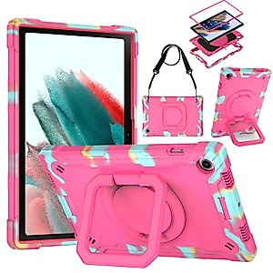 DETUOSI Case for Samsung Galaxy Tab A8 10.5 inch 2022, Galaxy Tab A8 Shockproof Case with 360°Rotatable Stand & Shoulder Strap, Heavy Duty Case for SM-X200/X205/X207, Camouflage Rose Red