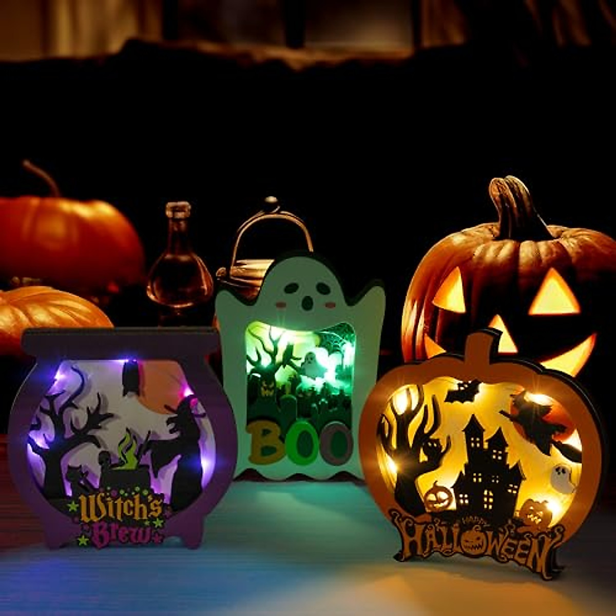 CNhoqc 3pcs Halloween Lighted Wooden Shadow Boxes, Lighted Up Pumpkin Cauldron Ghost Lamp Shadow Boxes for Halloween Table Decor Ghost Night Light Halloween Party Supplies for Kitchen Bedroom