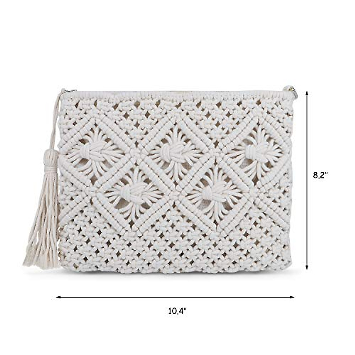 QTKJ Women's Summer Beach Straw Crochet Clutch Bag Woven Envelope Tassel Bag with Zipper (White)