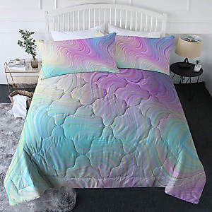 BlessLiving Rainbow Comforter Set Girls Abstract Bedding Sets Pastel Green Purple Bed Set Cute Wave Stripes Bedspreads for Women (Full/Queen)