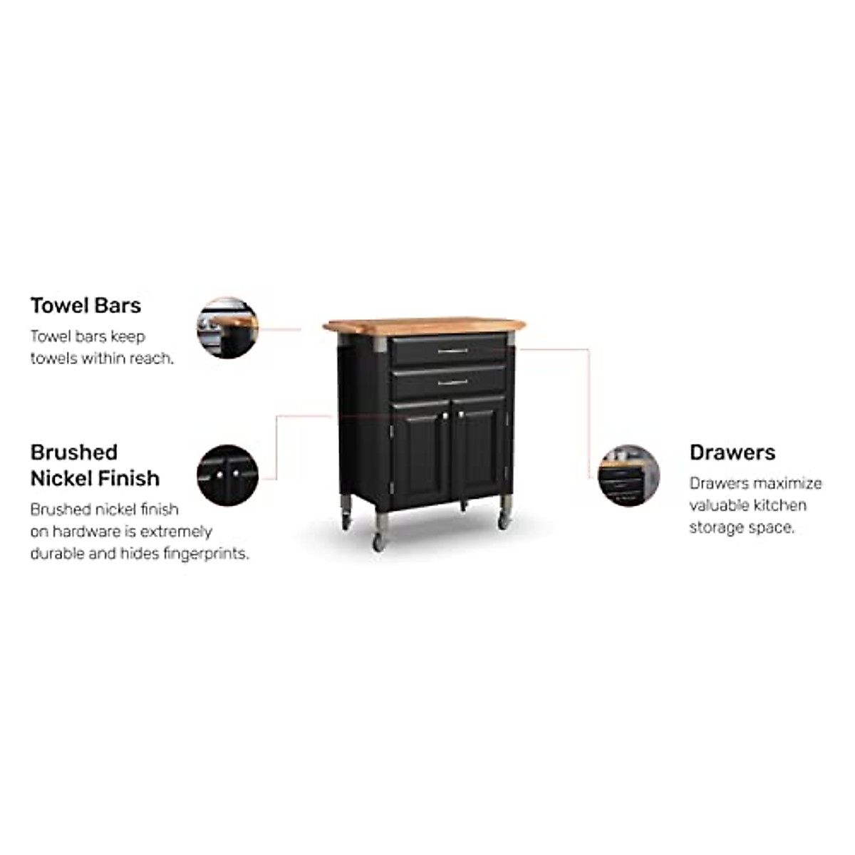 Home Styles Black Dolly Madison Prep and Serve Kitchen Cart with Natural Top, Locking Casters, Two Drawers, Two Storage Cabinets