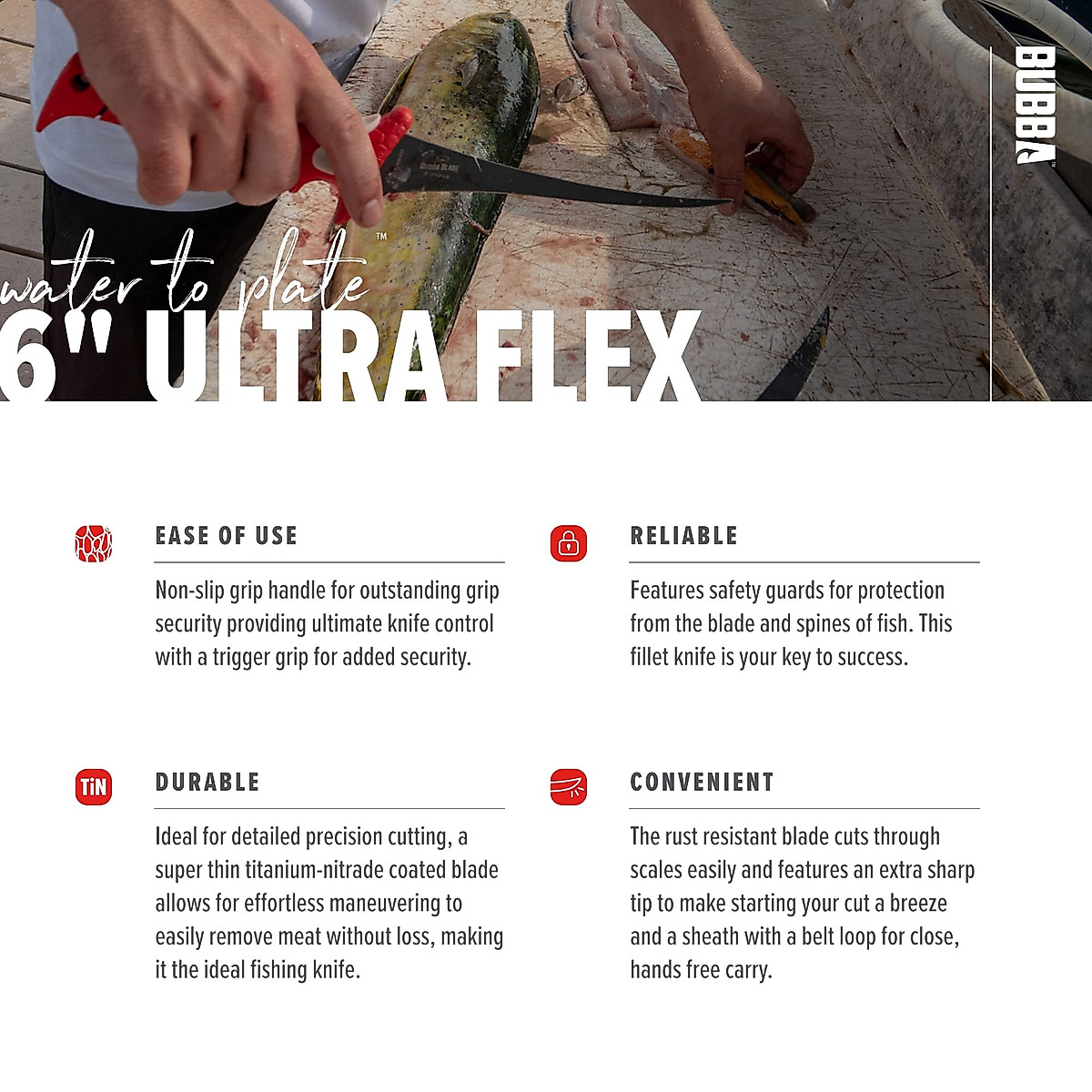 BUBBA 6 Inch Ultra Flex Tapered Fillet Knife with Non-Slip Grip Handle, 8Cr13MoV Stainless Steel Blade, Lanyard Hole and Synthetic Sheath for Fishing