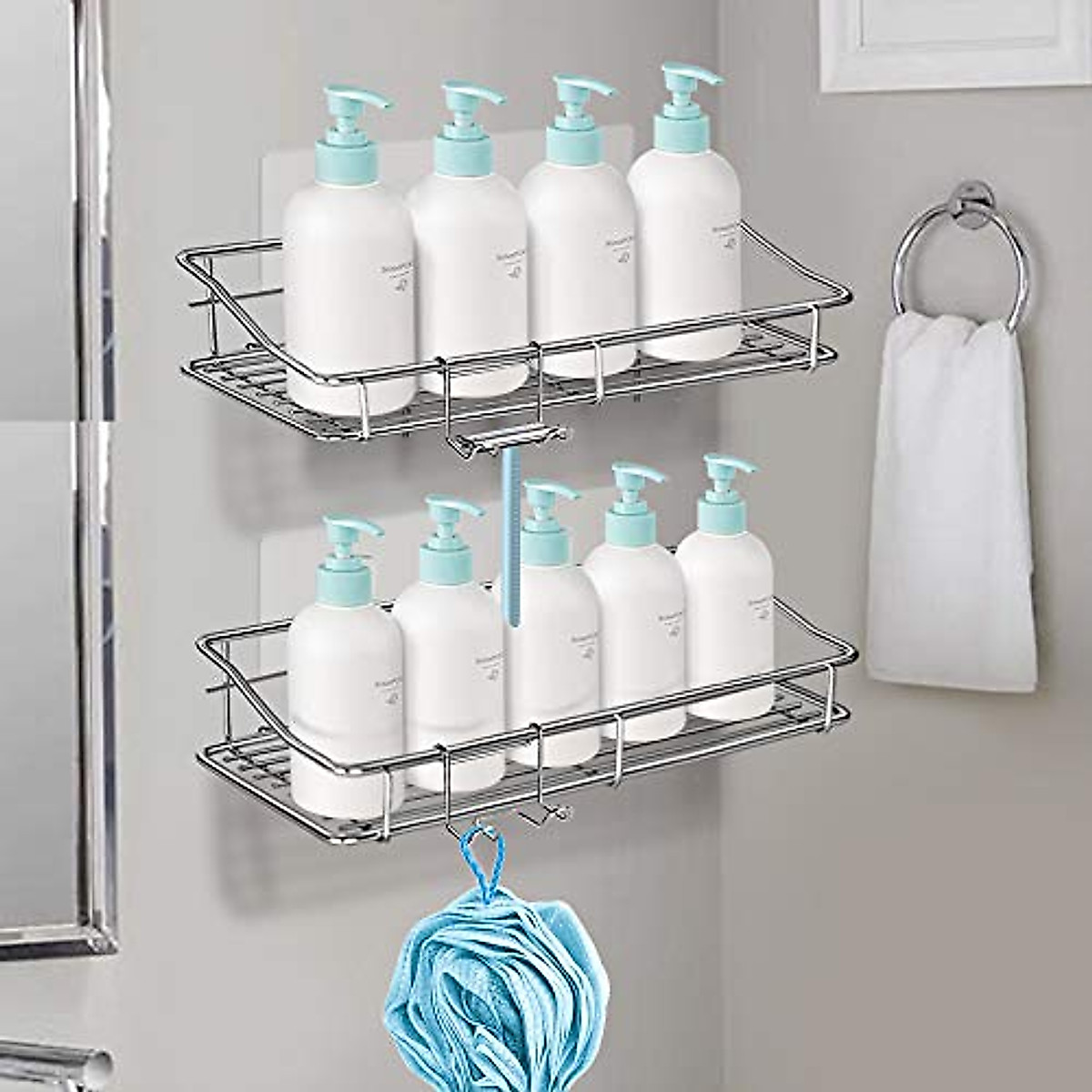 Nieifi Shower Caddy Shelf Storage Rack Adhesive Without Drilling Stainless Steel with Hooks for Washroom, Lavatory, Restroom, Toilet, Bathroom, Kitchen - 2 Pack