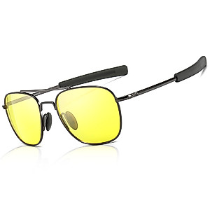 SUNGAIT Men’s Night Vision Driving Glasses Military Style Pilot Aviator eyewear (Night Lens/Gunmetal Frame) A285QKYS