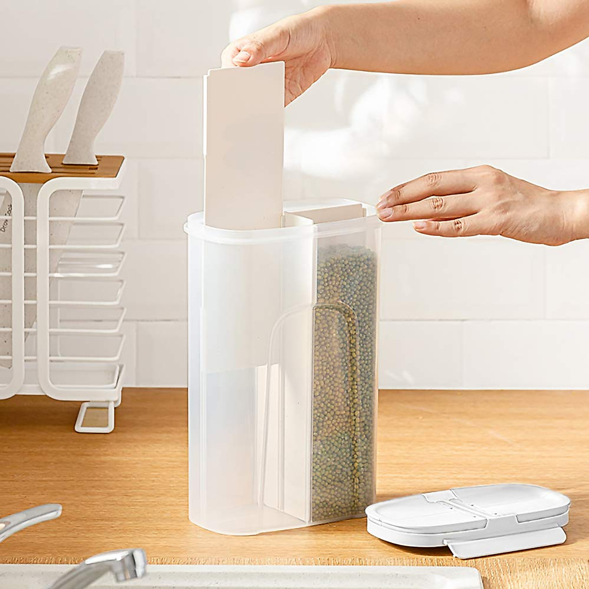 Poeland Storage Jars Canisters with Built-in partition / 4 compartments for Spaghetti Pasta Noodles Cereal - White