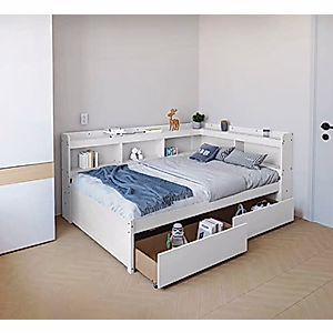DEINPPA Full Size Platform Bed with L-Shaped Bookcase and 2 Drawers, Wooden Captain Bed Frame with Bookcase Headboard for Kids Teens Adult Boys Girls, No Box Spring Needed, White