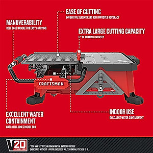 CRAFTSMAN V20 Tile Cutter, Wet Tile Saw, Compact Sliding Cart, 7 inch, Cordless, Battery and Charger (CMCS4000M1)