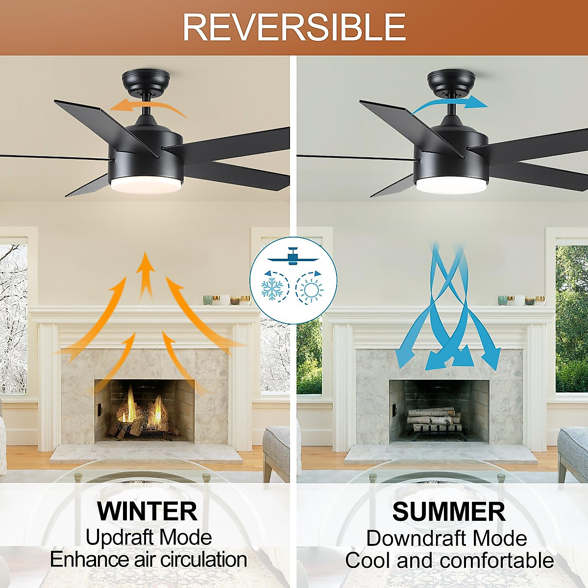 POCHFAN 52 inch Black Ceiling Fans with Lights and Remote Control, Quiet Modern Ceiling Fan for Bedroom, Living Room, Dining Room, Dimmable 3-Color Temperatures 6-Speed