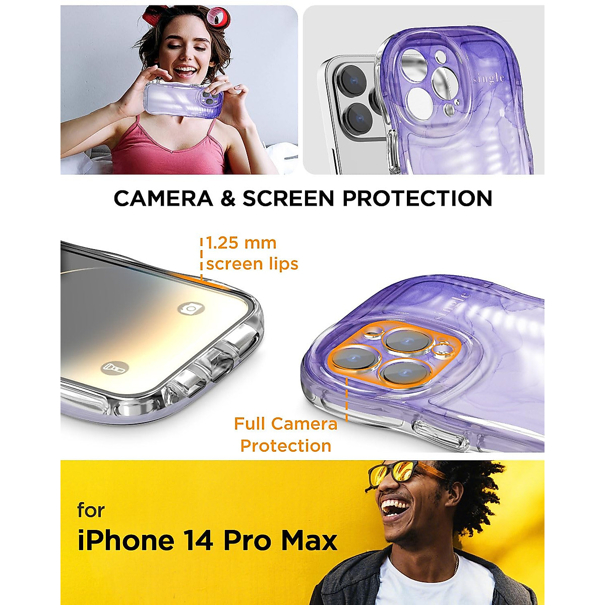 AICase iPhone 14 Pro Max Case Curly Wave Frame Cute Design with Full Camera Lens Protection,Aesthetic Kawaii Slim TPU Bumper Luxury Plated Shockproof Protective Transparent for Women Girls Men_5