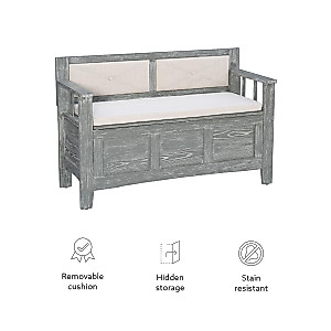 Linon Weathered Grey Carlton Storage Bench with Beige Upholstered Back and Cushioned Seat