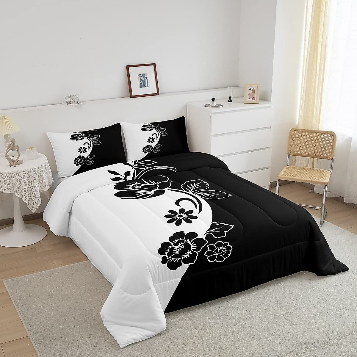Castle Fairy Black and White Comforter Set,Modern Floral Bedding Set for Kids Girls Women,Adults Abstract Art Comforter,Yin and Yang Quilted Duvet Set Bedroom Collection Twin Size 2Pcs