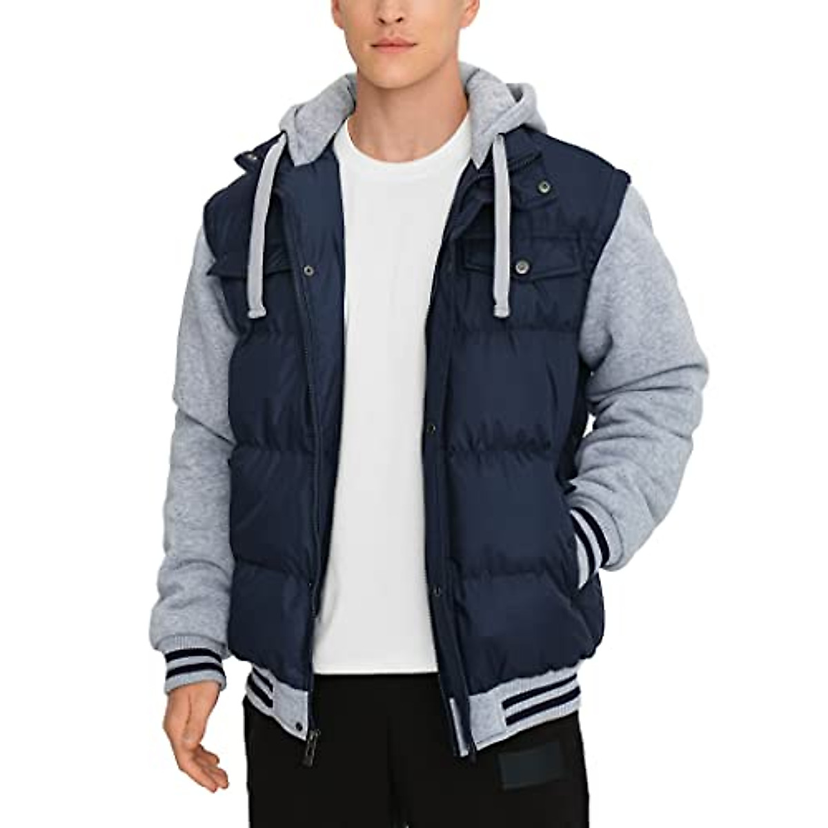 BEST SOUTH Men's Hooded Winter Coats Water Resistant Warm Thicken Insulated Full Zip Windproof Jackets with Pockets Blue Grey 4XL