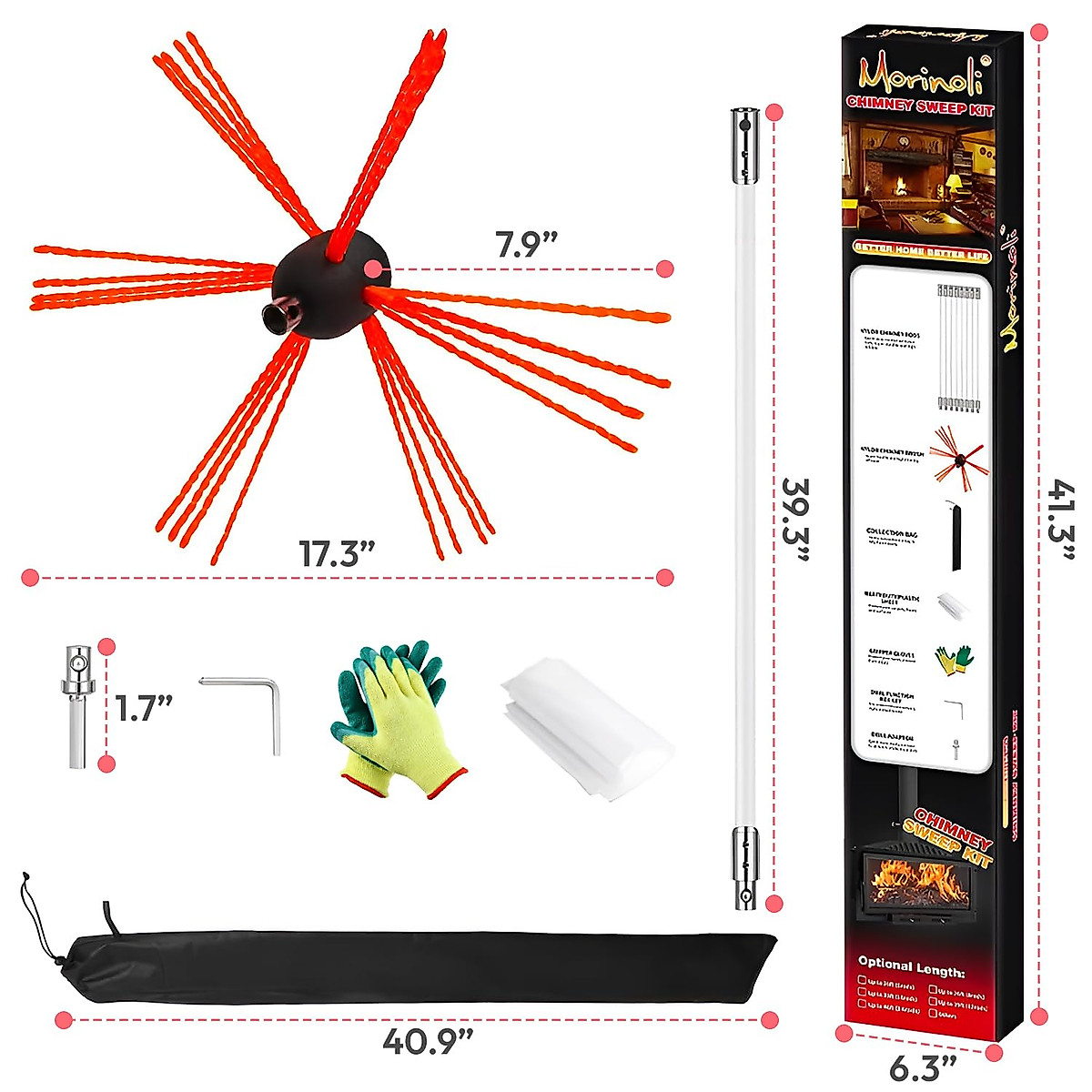 Morinoli 39 Feet Chimney Sweep Kit, Chrome Button Locking System, Chimney Cleaning Kit, Chimney Brush, Chimney Cleaning Tool, Chimney Cleaning System with 12 Flexible Chimney Rods