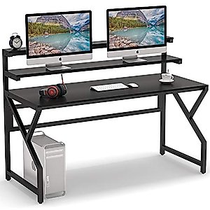 Tribesigns Office Desk with Monitor Stand, 55 Inch Large Modern Computer Desk Gaming Table Studying Writing Desk Workstation with Hutch for Office & Home Office, Black