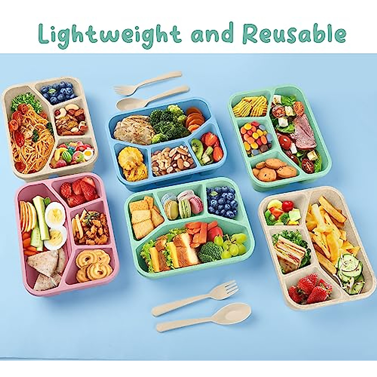 Korlon 6 Pack Bento Lunch Box for Kids 4 Compartment Wheat Straw Lunch Containers for Kids Lunch Boxes for School, Work and Travel with Forks and Spoons