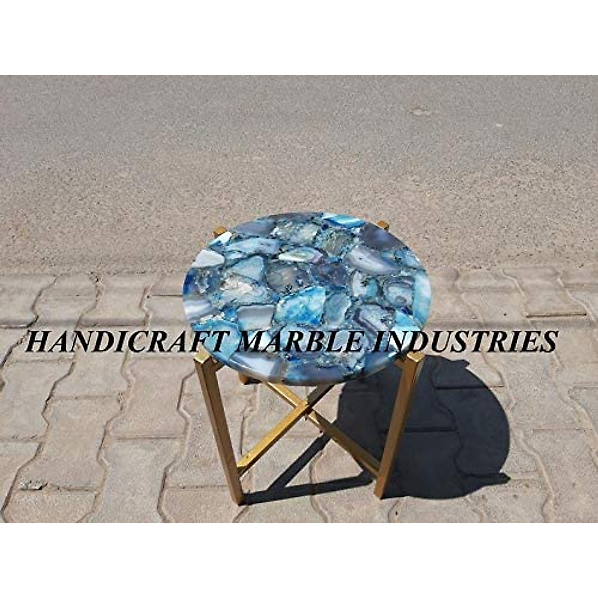 15" Inch Round Blue Agate Table With Stand, Blue Agate Side Table And Stand, Customized Blue Agate Table, Piece Of Conversation, Family Heir Loom