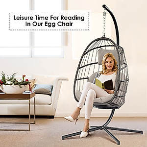 Egg Swing Chair with Stand Hanging Egg Chair Outdoor - Rattan Wicker Patio Hanging Basket Chair Hammock Chair with Aluminum Steel Frame and UV Resistant Cushion for Indoor Bedroom Balcony (Grey)