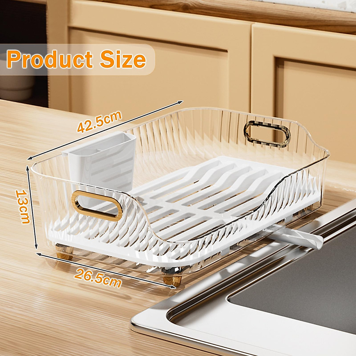 Dish Drying Rack with Drainboard, Kitchen Dish Drainer Rack in Sink, Dish Rack for Kitchen Counter Cabinet with Adjustable Swivel Spout, Removable Plastic Drainer Tray with Utensil Holder. (Clear)