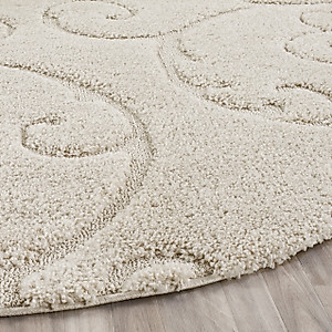 SAFAVIEH Florida Shag Collection 9' Round Cream / Cream SG455 Scrolling Vine Graceful Swirl Textured Non-Shedding Living Room Bedroom Dining Room Entryway Plush 1.2-inch Thick Area Rug