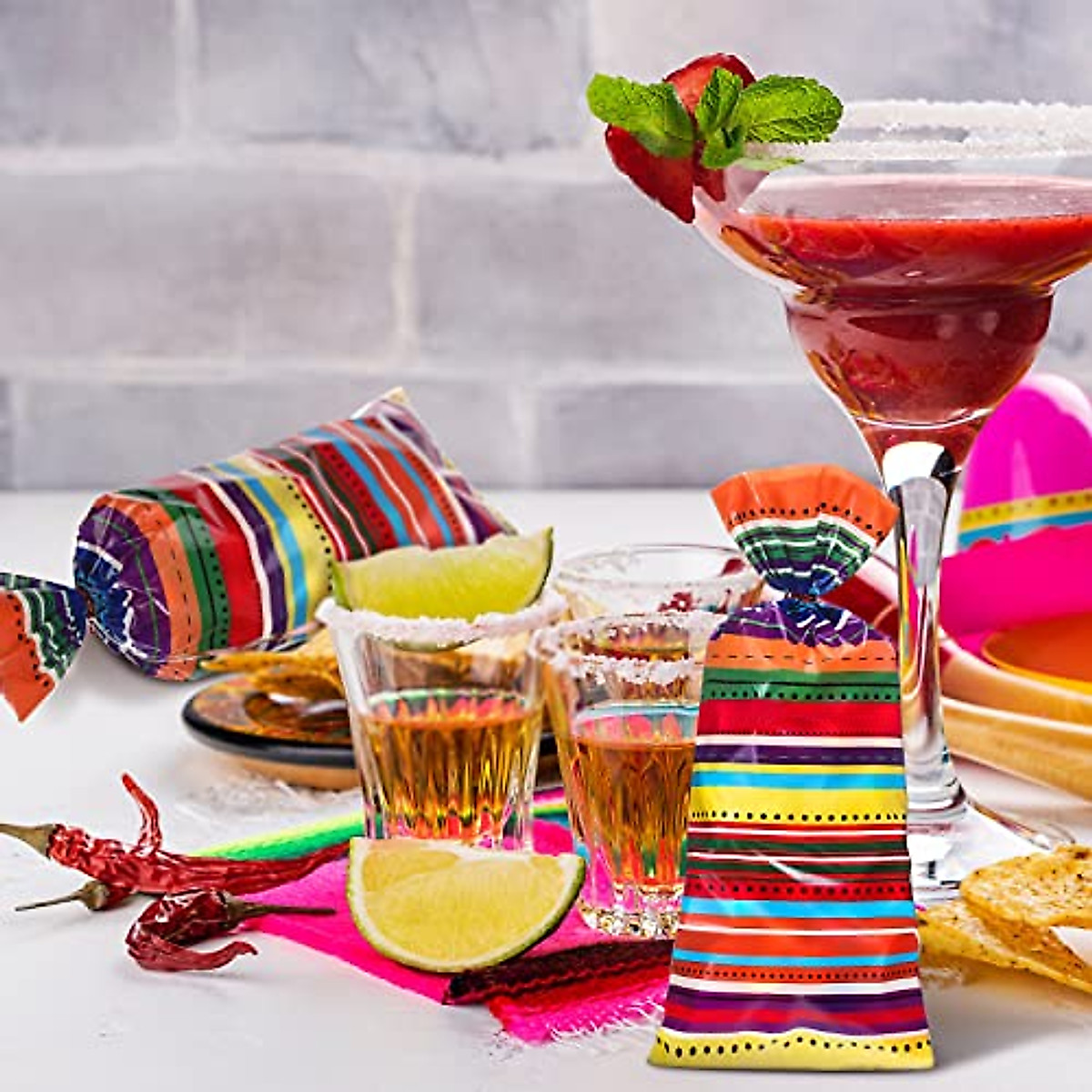 100 Pcs Mexican Fiesta Cellophane Treat Bags Party Favor Bag Cinco De Mayo Party Decorations, Mexican Candy Bags Fiesta Party Bags Goodie Gift Bag for Mexican Party Birthday, with 150 Red Twist Ties
