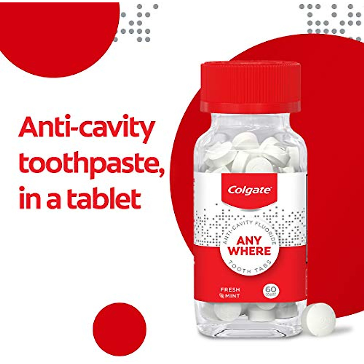 Colgate Anywhere Travel Toothpaste Tablets with Fluoride, Eco Friendly & Plastic Free Glass Jar, Fresh Mint - 60 count