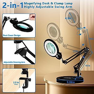 HITTI 【Upgraded Switch】 10X Magnifying Glass with Light, 2200 Lumens 2-1 Desk & Clamp Magnifying Lamp, Stepless Color and Brightness, Hands Free Magnifier Light and Stand for Crafts Workbench-Black