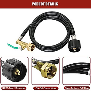 ATKKE Propane Refill Adapter Hose for 1 lb. Tanks, 48'' Propane Gas Extension Hose Fill 1lb Bottles from 20lb Tank, On/Off Shutoff Control Valve (QCC1 Type1 Inlet),4 Feet