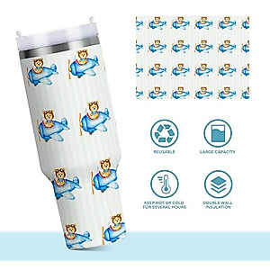 ODAWA Large Travel Coffee Tumbler with Handle and Straw, Bear Pilot Blue Airplane Leak Proof Tumbler