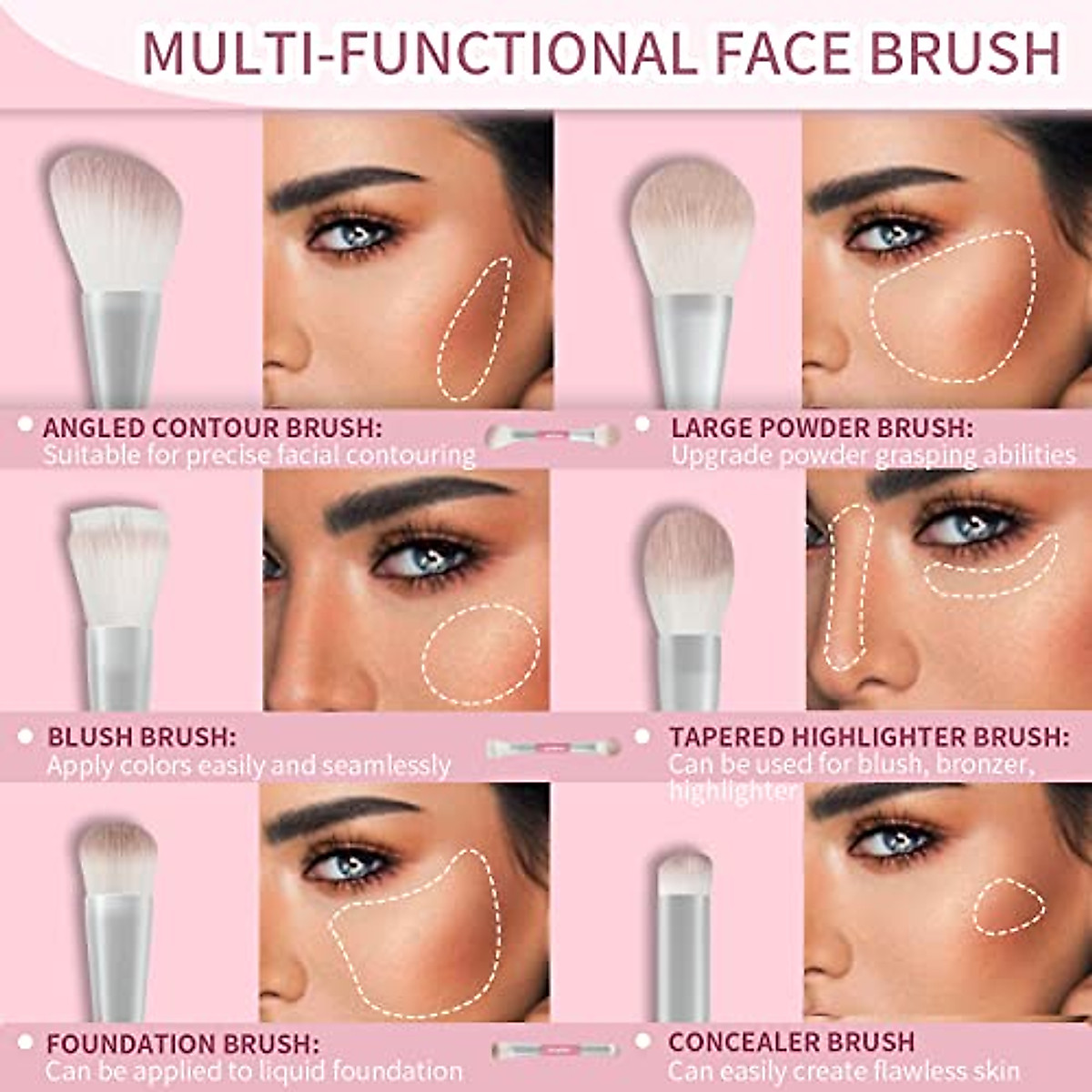 Makeup Brush Duo End Foundation Brush Contour Powder Face Makeup Brushes For Blending Liquid Powder,Concealer,Blush Brush, Highlighter Contour Brush Powder Synthetic Cosmetic Tools