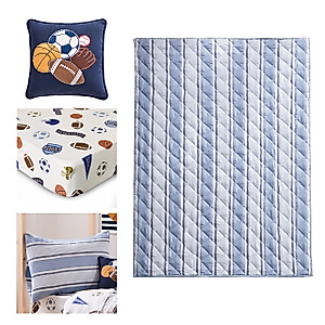 Levtex Baby - Little Sport Toddler Bed Set - Navy, Blue, Taupe, Orange - 5 Piece Set Includes Reversible Quilt 42"x57", Fitted Sheet 28"x52", Flat Sheet 45" x60in, Pillow Case 20"x26", Pillow 10"x12"