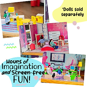 Wooden Dollhouse Furniture Set - 27 Piece Kit - Living Room, Bedroom and Kitchen Accessories, 100% Natural Wood, Nontoxic Paint, Smooth Edges