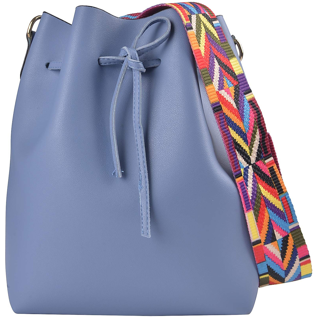 QZUnique Handbag Set Women's PU Leather Drawstring Bucket Bag Crossbody Shoulder Bags Purses Set With Colorful Strap Blue