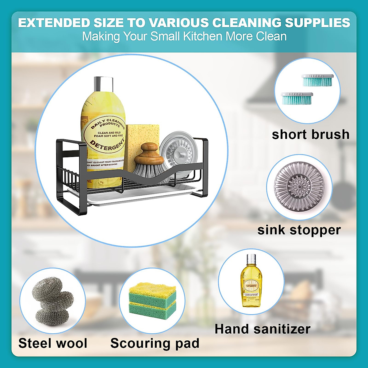 VANTEN Kitchen Sink Caddy Sponge Holder Black Large Sponge Holder for Kitchen Countertop Organizer, Soap Dish Scrubber Holder Tray Storage Kitchen Accessories - Not Include Sponge, Dispenser, Brush