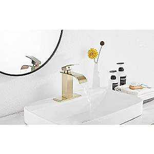 Brushed Gold Bathroom Faucet GGStudy Waterfall Bathroom Sink Faucet Deck Mount Single Handle One Hole Bathroom Vanity Faucet with Pop Up Drain