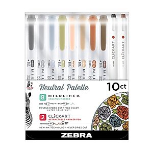 Zebra Pen Neutral Palette Set, Includes 8 Mildliner Highlighters and 2 ClickArt Markers, Assorted Neutral Vintage Ink Colors, 10-Pack (78601)