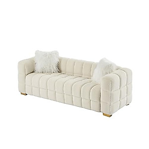3 Seater Boucle Upholstered Loveseat Sofa Couch, Teddy Fleece Deep-Seat Cloud Modular Couch with Metal Golden Legs and Decor Pillows, Minimalist Style Oversized Love Seat for Living Room, Office