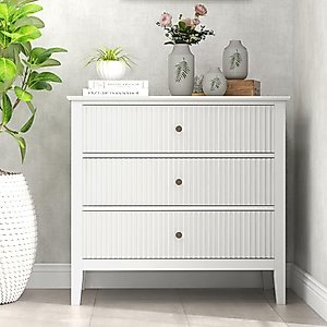 RoyalCraft White Fluted 3 Drawer Dresser for Bedroom, Wide Chest of Drawers for Closet, Modern Wood Dresser Wide Nightstand Cabinet for Living Room