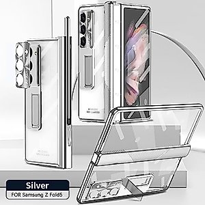 PUROOM for Samsung Galaxy Z Fold 5 Hinge Coverage Protective Case Transparent Plating PC with Pen Holder Kickstand Screen Protector All-Inclusive Case (z fold 5, Silver)