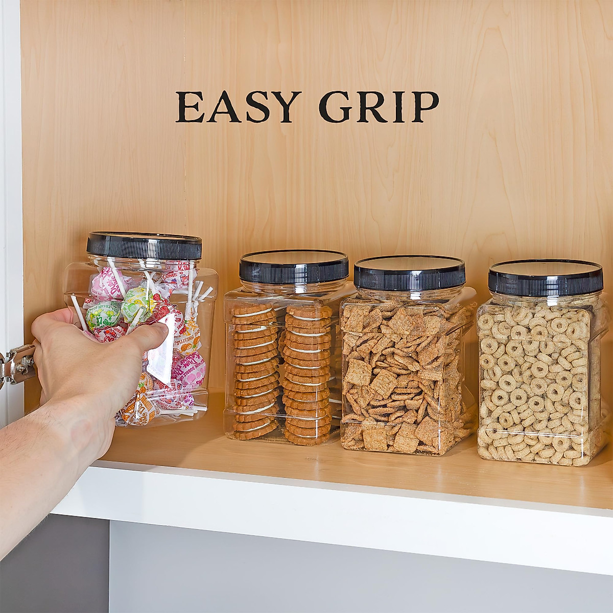 32oz Square Plastic Jars (4-Pack, Quart); Clear Rectangular 4-Cup Canisters w/Black Lids, Easy-Grip Side