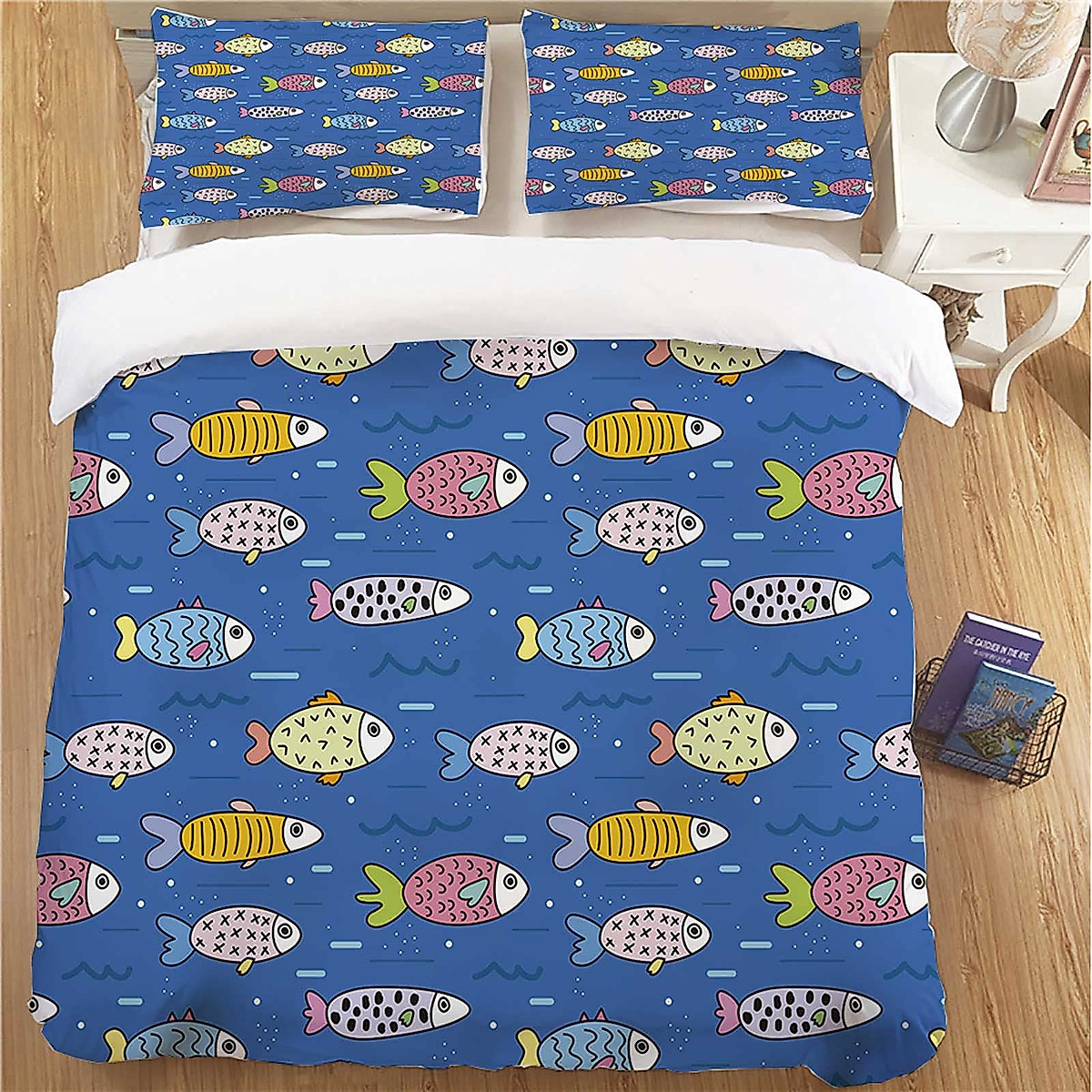 Sea Fish Blue Submarine Bedding Set,Animals Marine Ocean Lightweight Bedding Set for Kids Boys Girls Comforter Cover 3Pcs,Zipper,Queen Size
