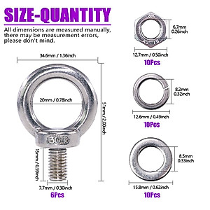 36Pcs 304 Stainless Steel M6 Male Thread Lifting Ring Eye Bolt Kit, Including 6Pcs M6 Eye Bolt with 10Pcs Lock Nuts, 10Pcs Lock Washers and 10Pcs Flat Washers