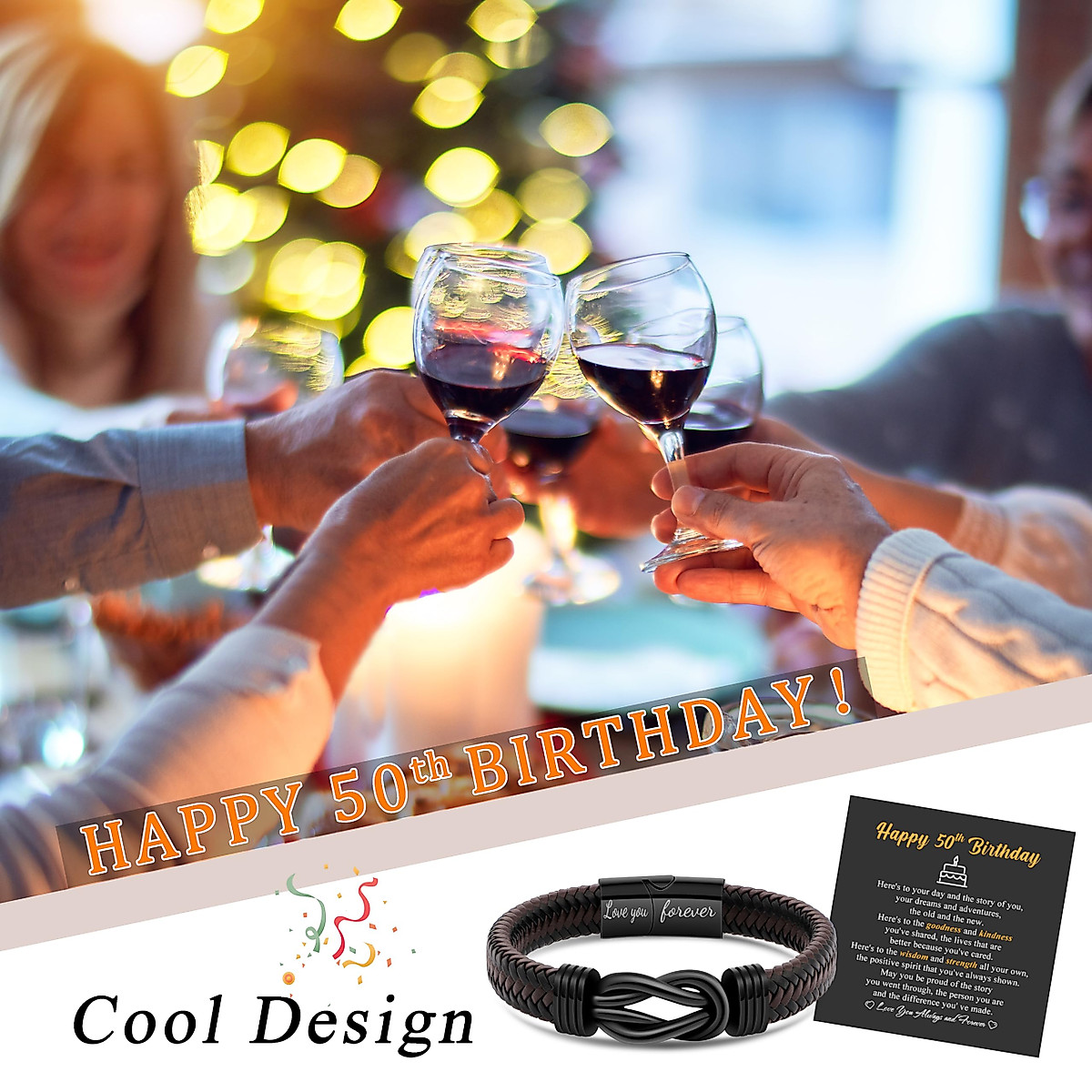 Happy Birthday Cool Gifts for Mens Brown Leather Braided Bracelets for Dad Grandpa Brother Birthday Decorations Gifts for Him Stainless Steel Clasp Man Jewelry 7.5 Inches