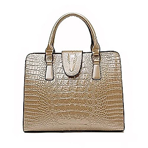 YAQUNICER Tote Top-handle Handbags Patent PU Leather Women Purse Satchel Crocodile Pattern Shoulder Crossbody Bag-Gold