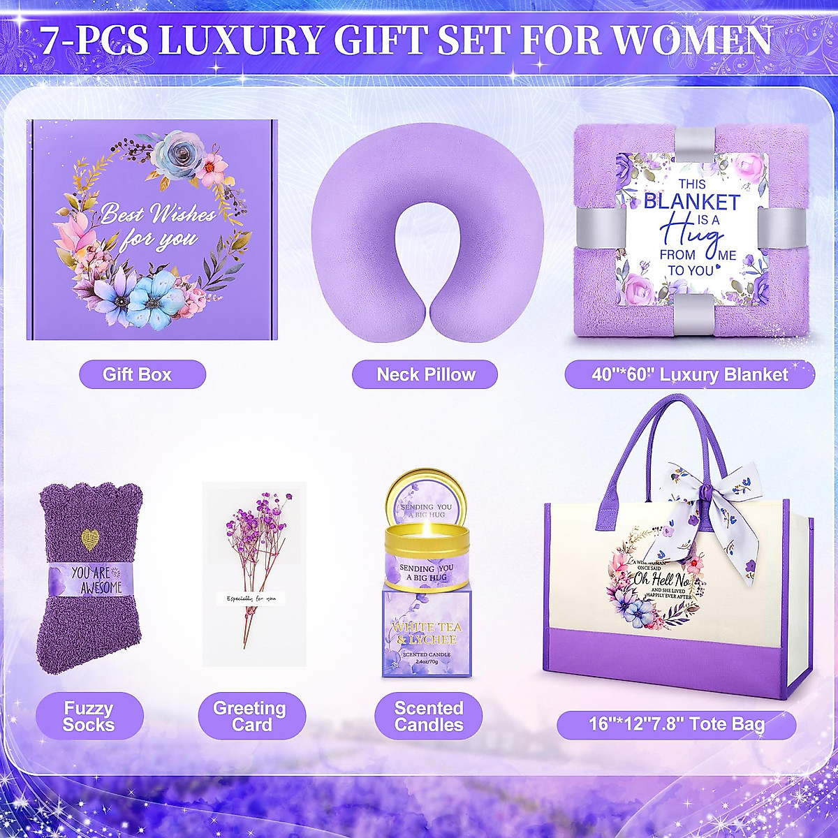 Birthday Gifts for Women -Purple Happy Birthday Gift Basket for Mom, Wife, Girlfriend, Sister, Her, Pillow/Blanket/Tote Bag/Self Care Package Get Well Soon Baskets for Women