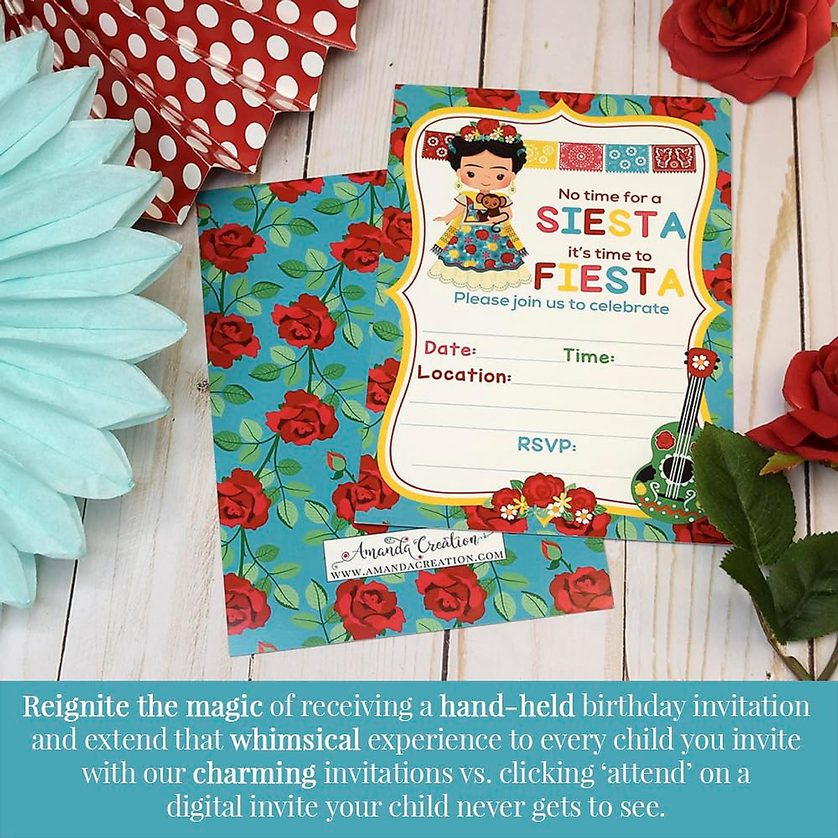 Amanda Creation Frida Fiesta Themed Birthday Party Invitations, 20 5x7 Fill In Cards with Twenty White Envelopes
