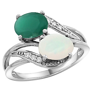 10K White Gold Diamond HQ Emerald & Opal 2-stone Ring Oval 8x6mm, size 7.5